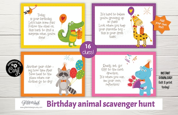 Animal birthday scavenger hunt clue cards / Birthday animal treasure ...