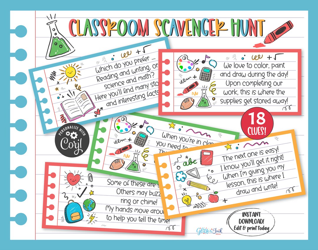 Classroom Scavenger Hunt Rhyming Riddle Clue Cards Back To School Classroom Scavenger Hunt Rhyming Riddle Clue Cards Back To School