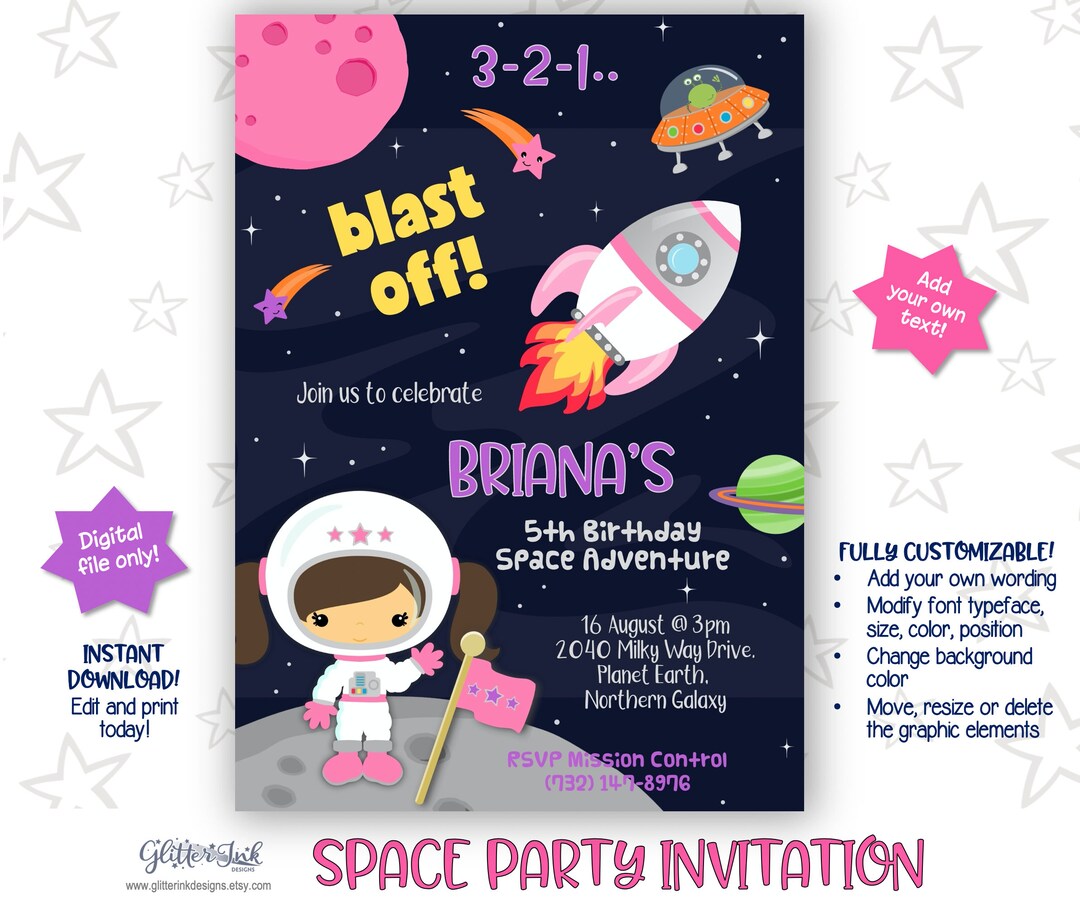 Outer Space Party Printable Invitation / Space Girl Astronaut ...