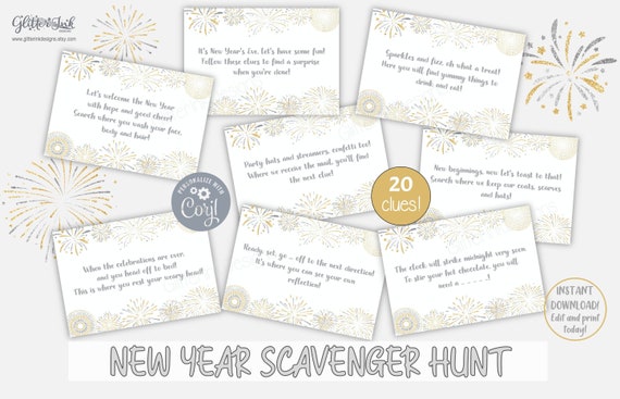New Years Eve scavenger hunt clue cards / New Year's Eve treasure hunt ...