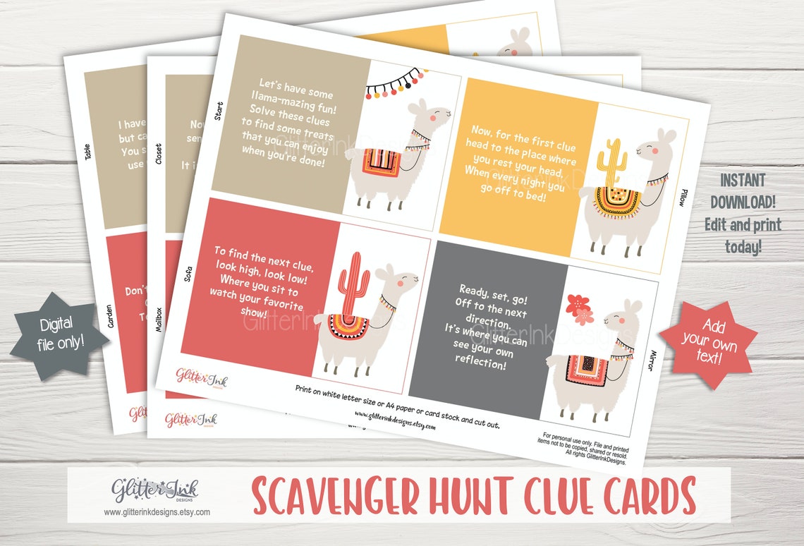 Llama scavenger hunt clue cards / Llama party treasure hunt | Etsy