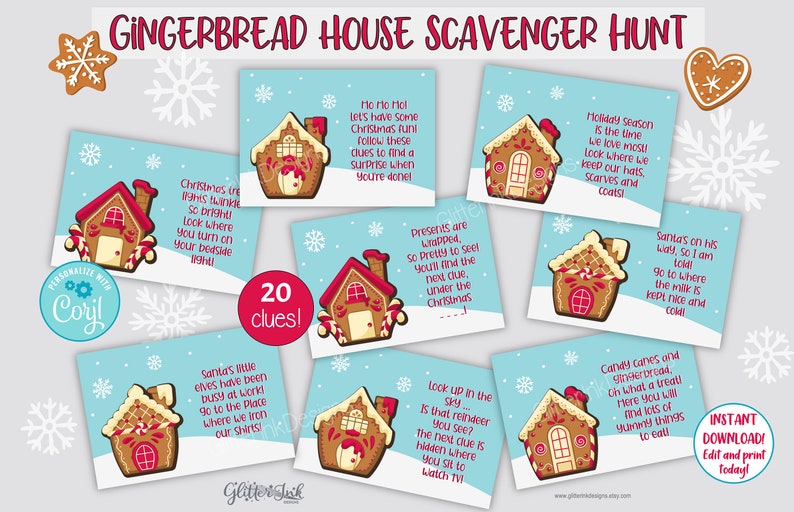 Gingerbread House Christmas Scavenger Hunt Clue Cards, Printable ...