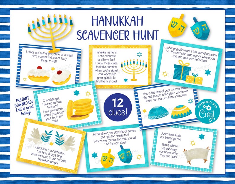 Hanukkah Scavenger Hunt Clue Cards, Jewish Festival of Lights Treasure ...