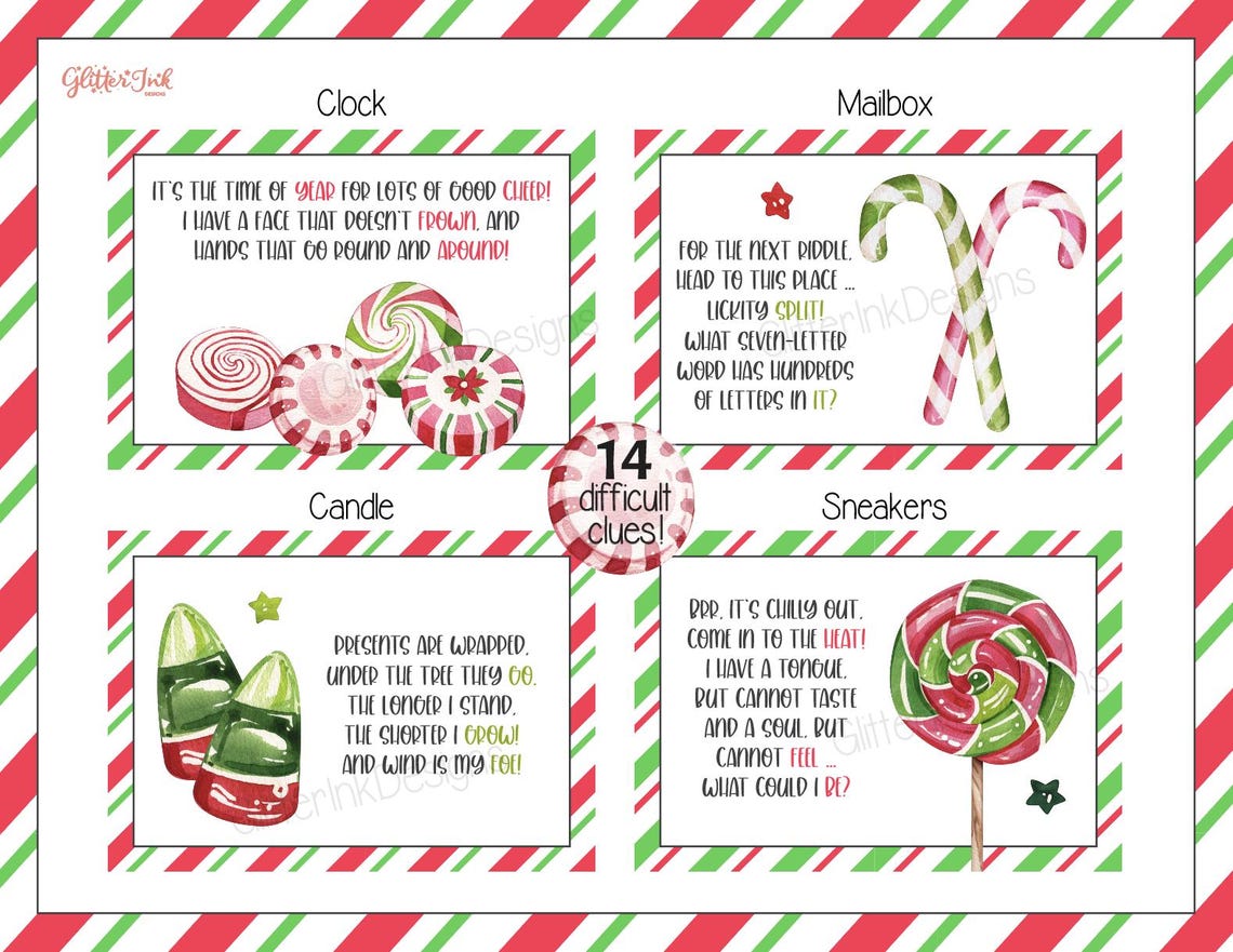 Teen Christmas Tricky Scavenger Hunt Riddles, Candy Cane Treasure Hunt ...