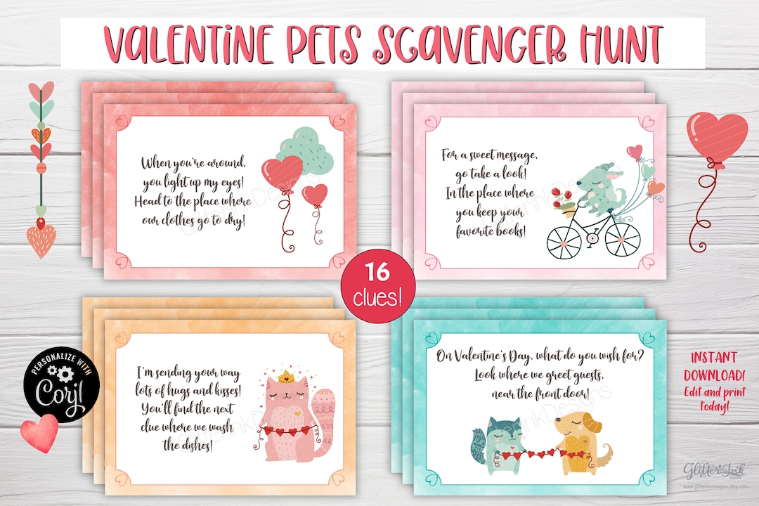 Valentines Day Scavenger Hunt Clue Cards / Valentine Pets Treasure Hunt ...