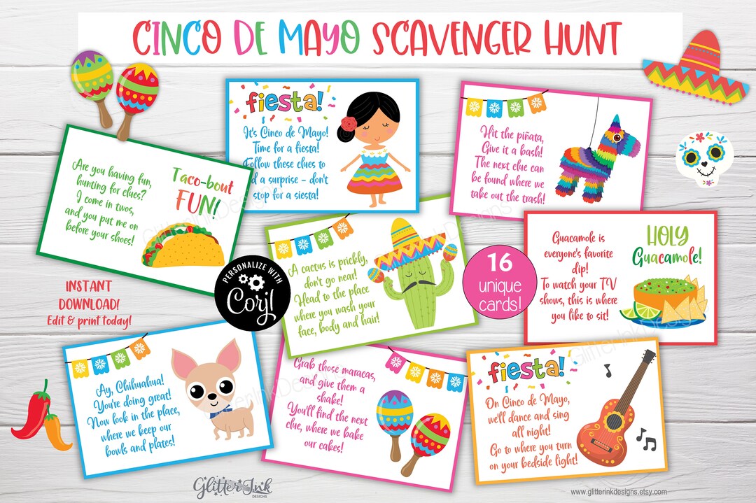 Cinco De Mayo Scavenger Hunt Clue Cards, Mexican Fiesta Birthday Party ...