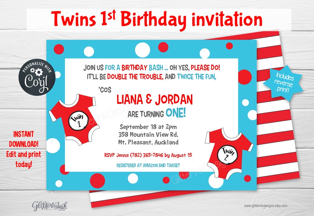 Twins 1st Birthday Invitation / Twins First Birthday / Twins Birthday ...