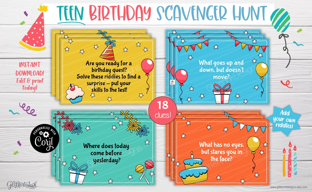 Teens Birthday Scavenger Hunt Riddles / Teenager Tween Older Kids ...