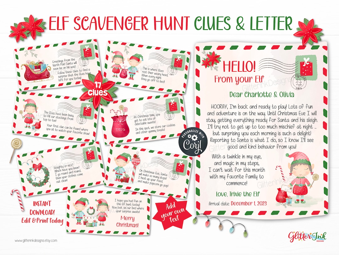 Elf Scavenger Hunt Clue Cards & Letter / Christmas Elves Kids Treasure ...