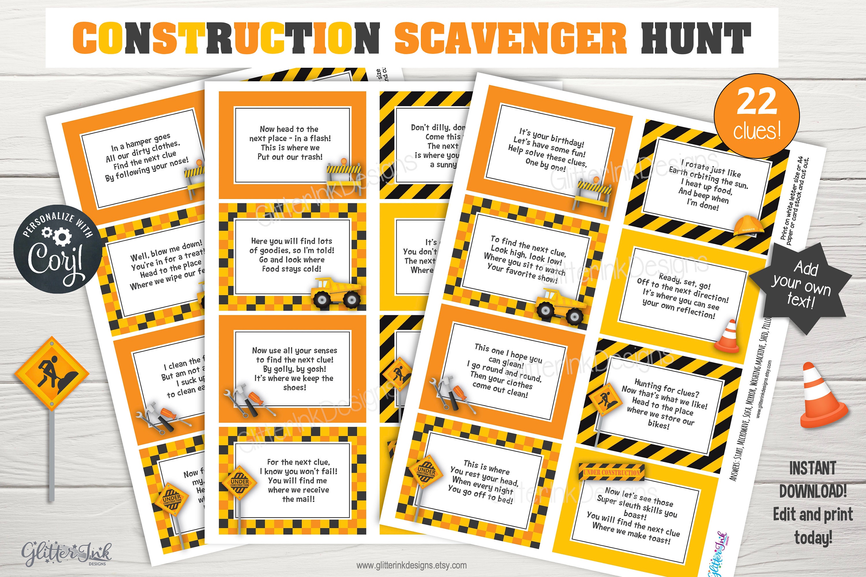 Construction Party Scavenger Hunt Clue Cards + Birthday Sign ...