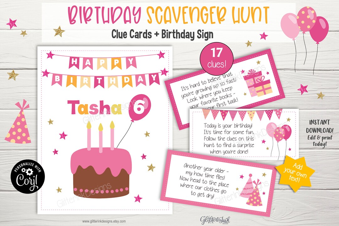 Birthday Party Scavenger Hunt Clue Cards & Sign / Kids Treasure Hunt ...