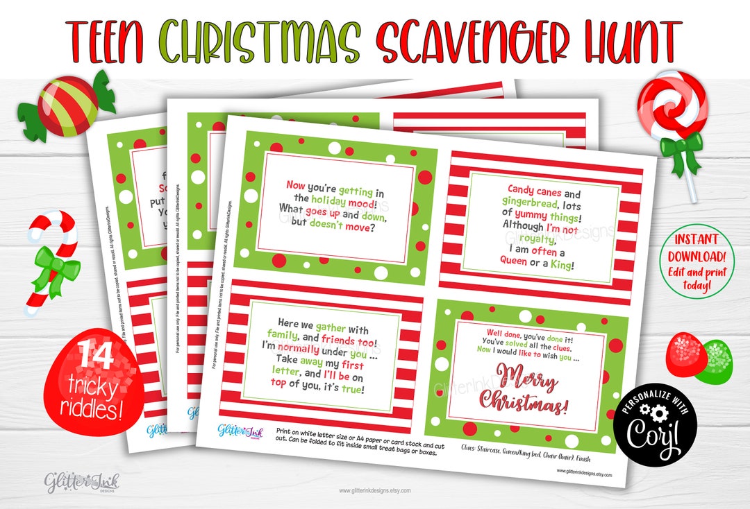 Teen Christmas Scavenger Hunt Riddles, Printable Xmas Tricky Treasure ...