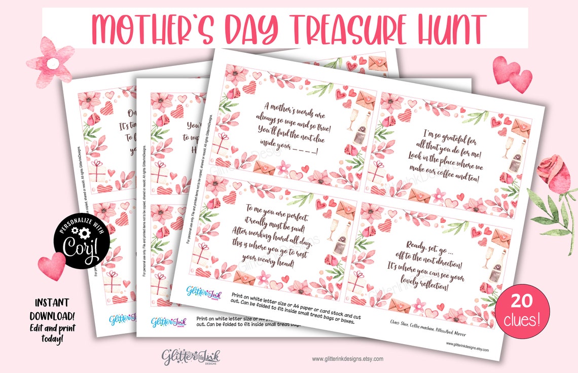 Mother's Day Scavenger Hunt Clue Cards / Happy Mothers Day Treasure ...
