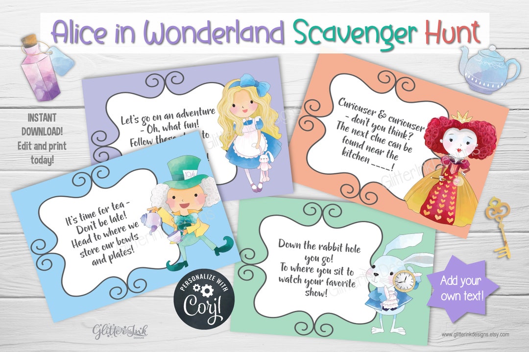 Alice in Wonderland Mad Hatter Tea Party Scavenger Hunt Clue Cards ...