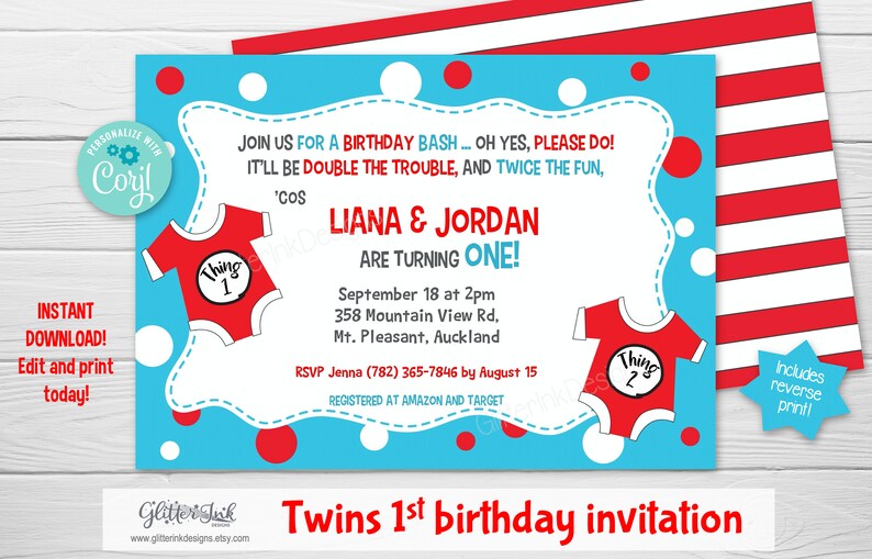 Twins 1st Birthday Invitation / Twins First Birthday / Twins - Etsy