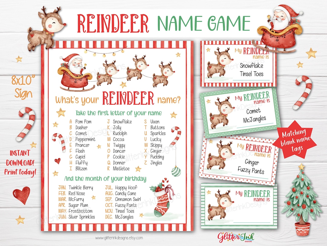 What's Your Reindeer Name Party Game / Santa Sign, Name Tags & Name ...