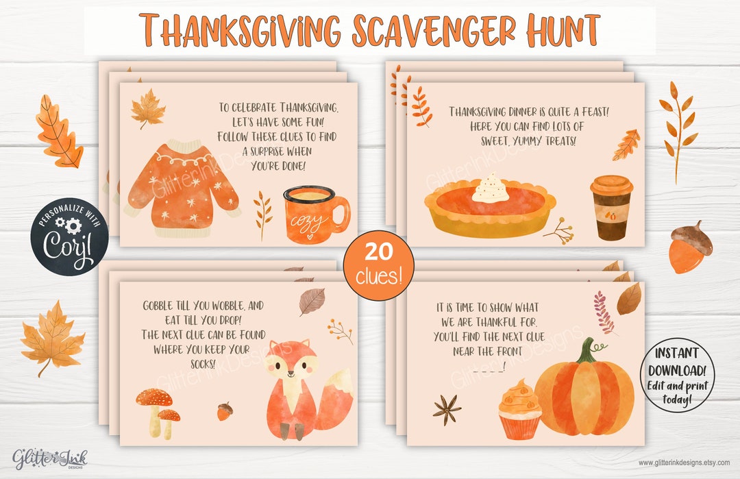 Thanksgiving Scavenger Hunt Clue Cards / Thanksgiving Treasure Hunt ...