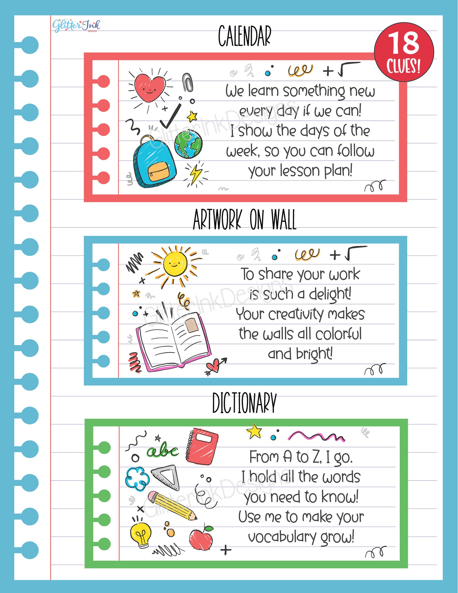 Classroom Scavenger Hunt Rhyming Riddle Clue Cards, Back to School ...
