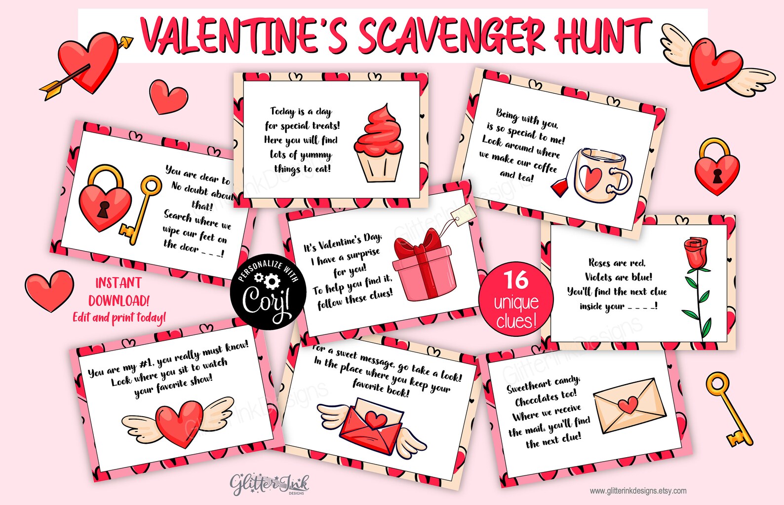 Valentines Day Scavenger Hunt Clue Cards / Valentine's Day Treasure ...