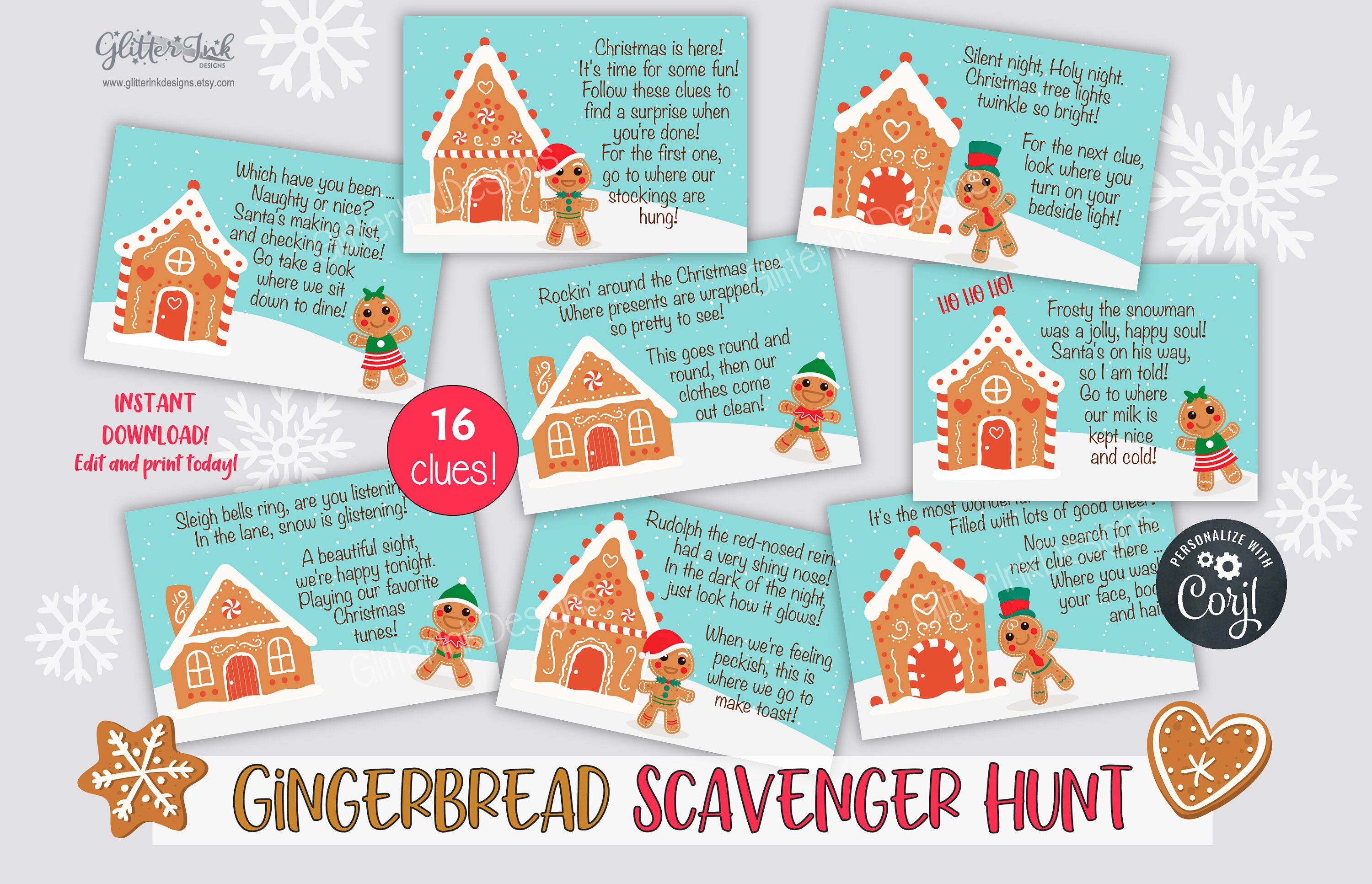 Gingerbread Christmas Scavenger Hunt Clue Cards, Printable Treasure ...