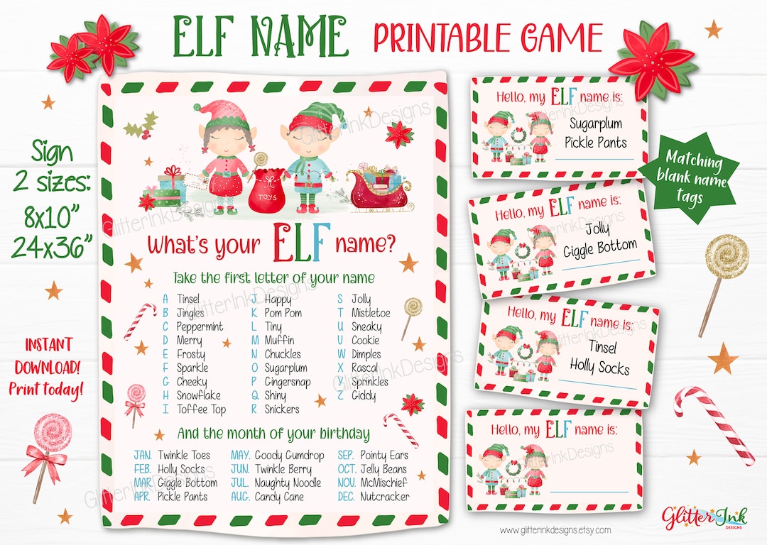What's Your Elf Name Printable Christmas Games for Kids, Elves Sign ...