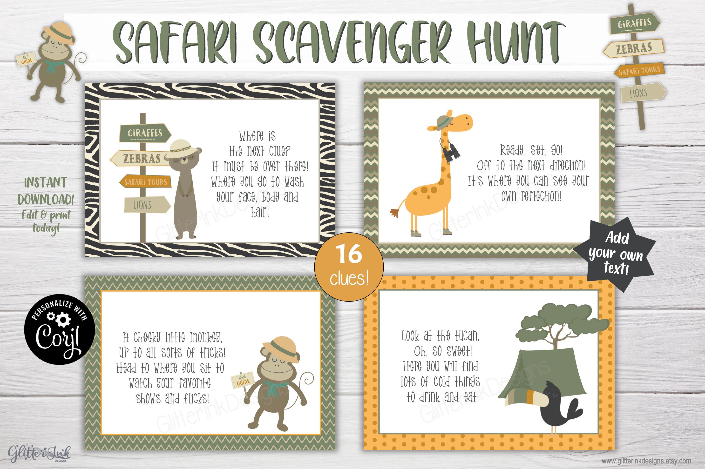 Jungle Safari Printable Scavenger Hunt Clue Cards, Animals First ...