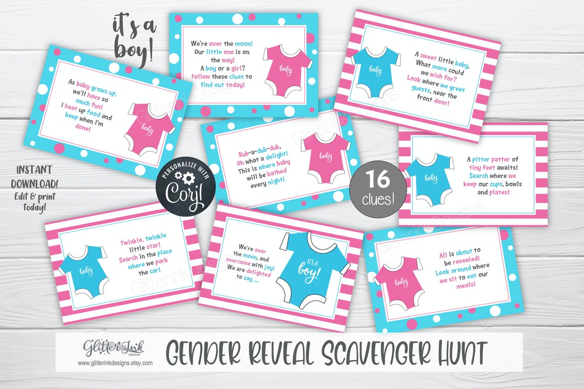 Gender Reveal Scavenger Hunt Clue Cards / Gender Reveal | Etsy Australia