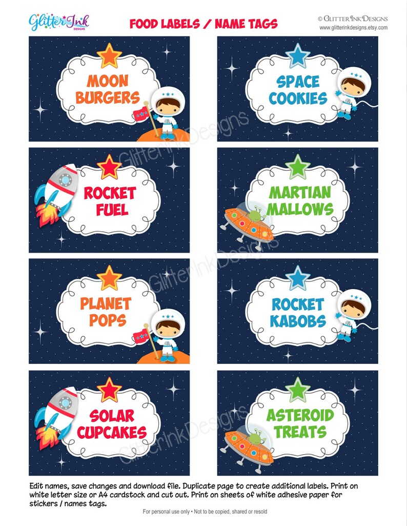 Outer Space Food Tent Cards for Boy Astronaut Theme Party, Printable ...