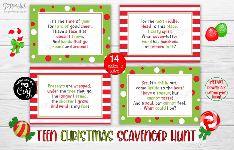 Teen Christmas Scavenger Hunt Riddles, Printable Xmas Tricky Treasure ...