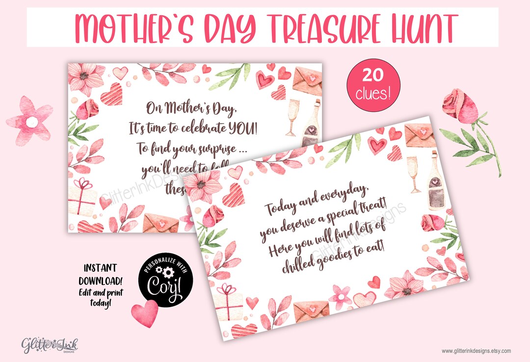 Mother's Day Scavenger Hunt Clue Cards / Happy Mothers Day Treasure ...