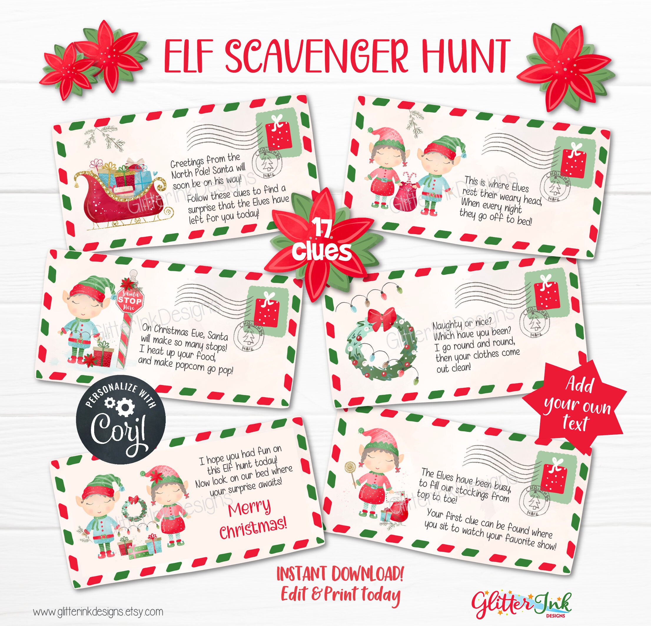 Elf Scavenger Hunt Clue Cards & Letter / Christmas Elves Kids Treasure ...