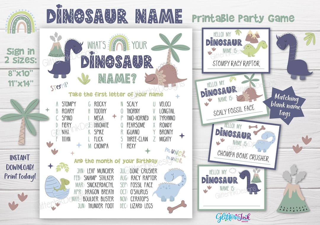 What's Your Dinosaur Name Printable Party Game Sign, Name Tags and ...
