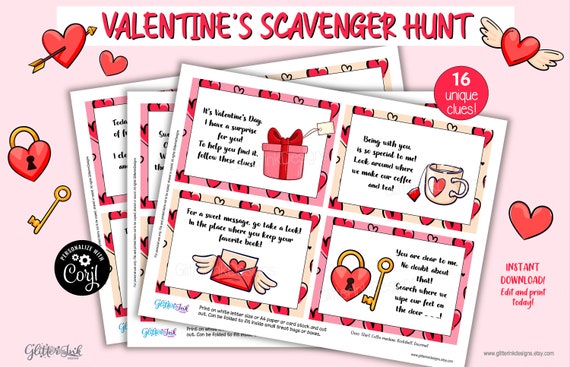Valentines Day scavenger hunt clue cards / Valentine's Day treasure ...