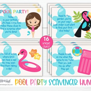 Summer Themed Pool Party Printable Scavenger Hunt Clue Cards, Tropical ...