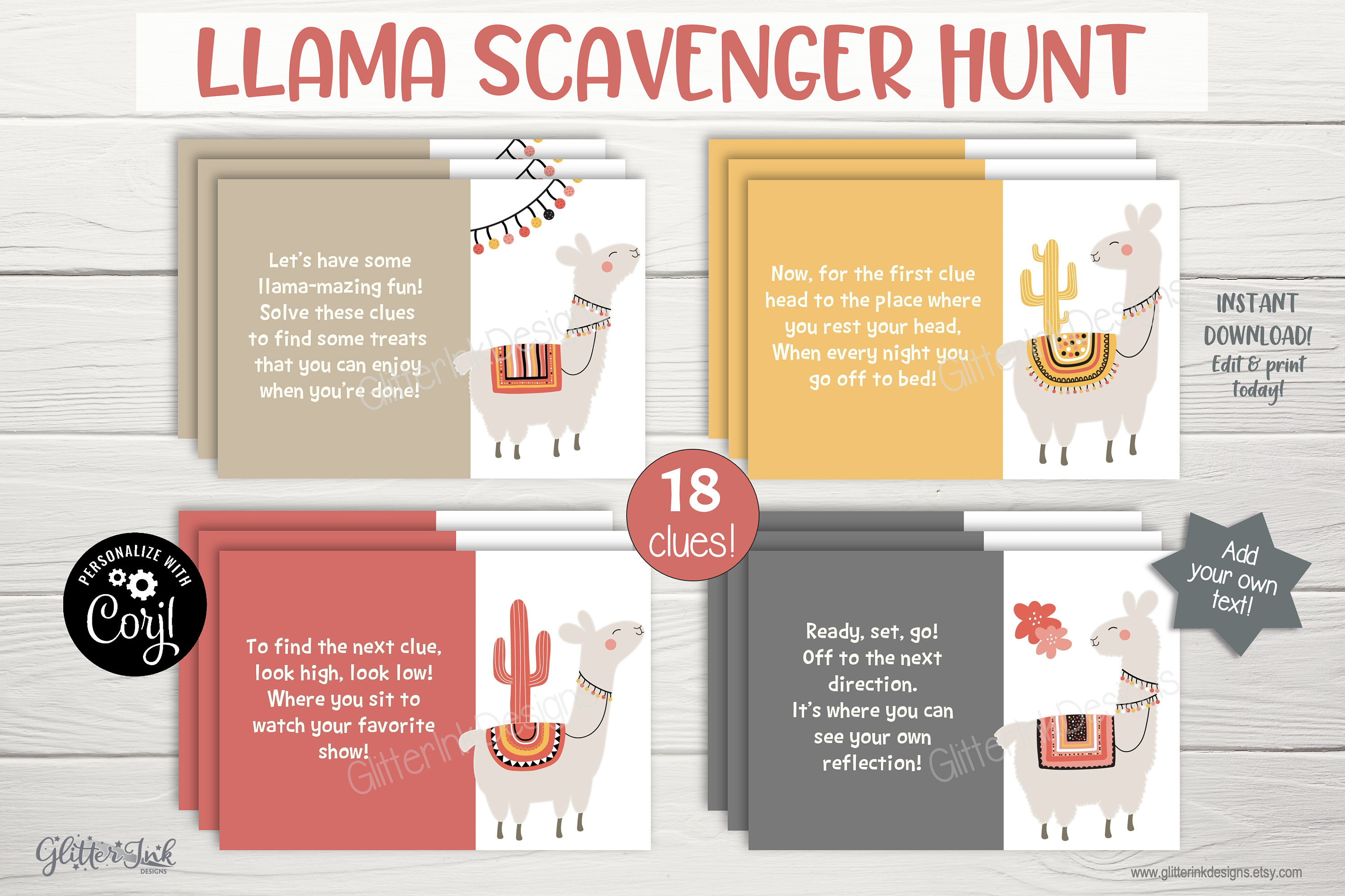 Llama Scavenger Hunt Clue Cards / Llama Party Treasure Hunt Clues for ...