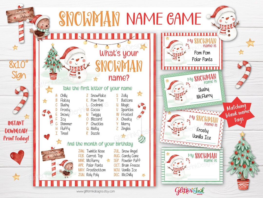What's Your Snowman Name Party Game / Snowman Sign, Name Tags & Name ...
