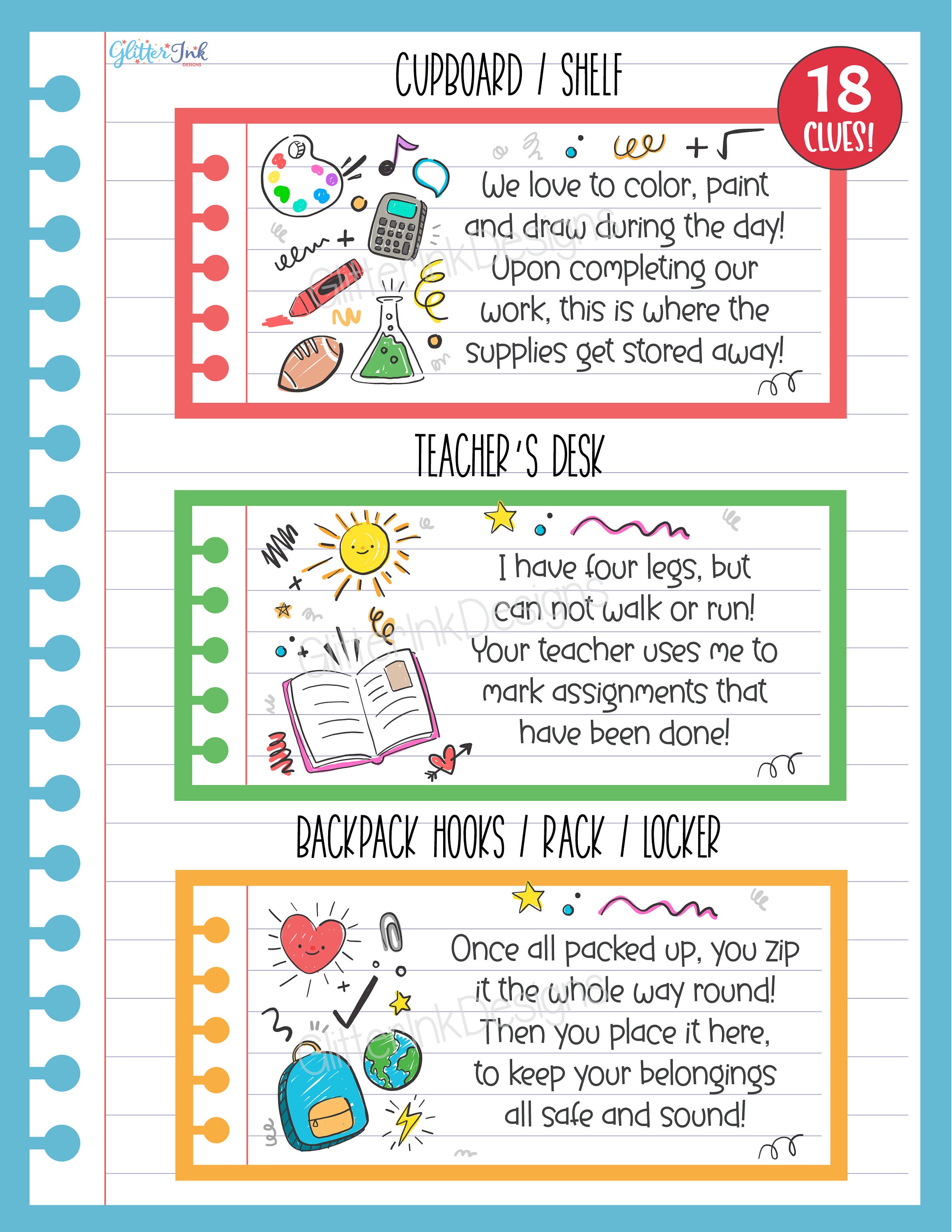 Classroom Scavenger Hunt Rhyming Riddle Clue Cards, Back to School ...