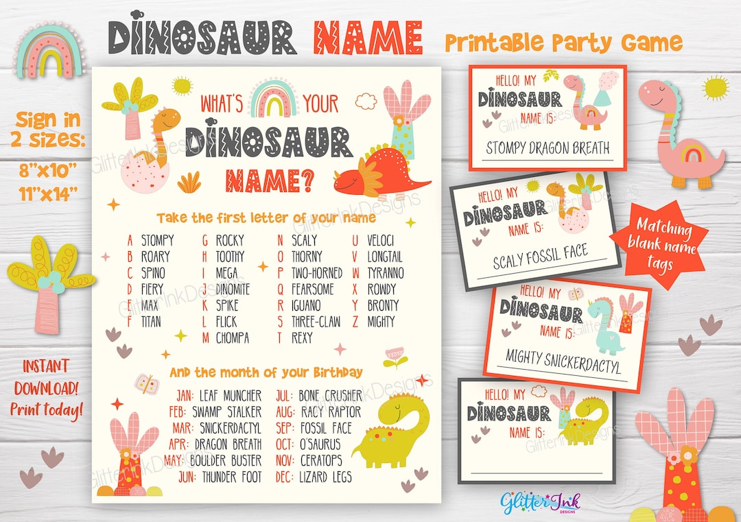 What's Your Dinosaur Name Printable Party Game / Dinosaur Party Decor ...