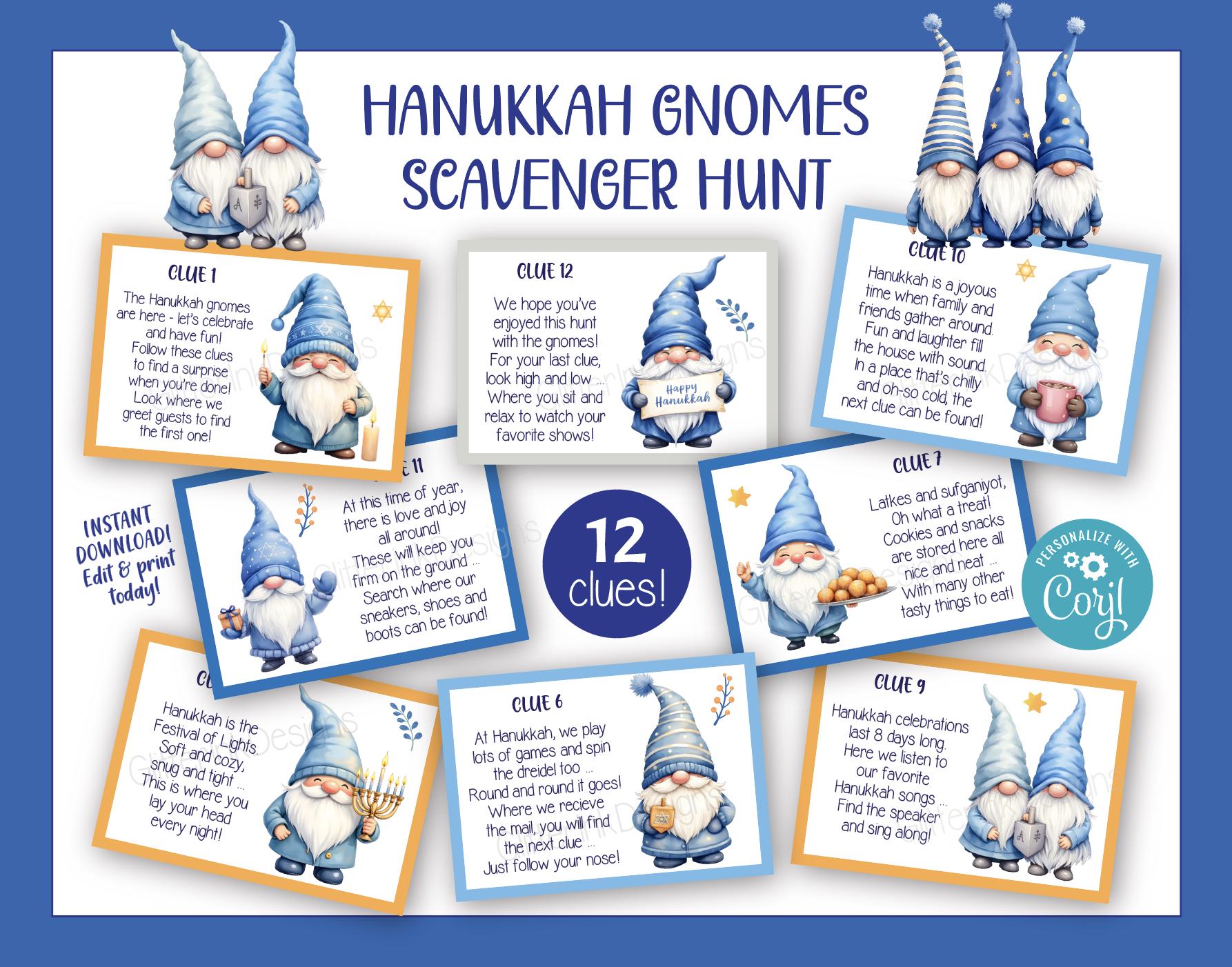 Hanukkah Gnomes Scavenger Hunt Clues, Jewish Festival of Lights 8 Days ...