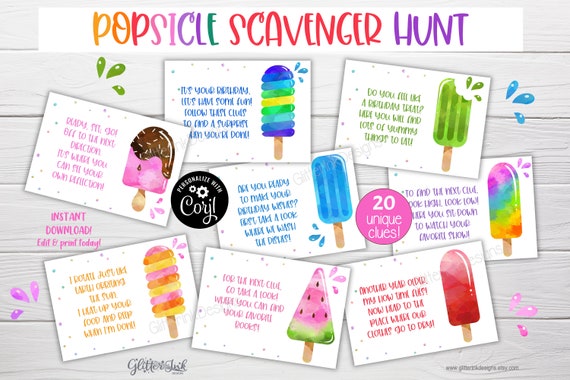 Popsicle birthday scavenger hunt clue cards / Popsicle party treasure ...