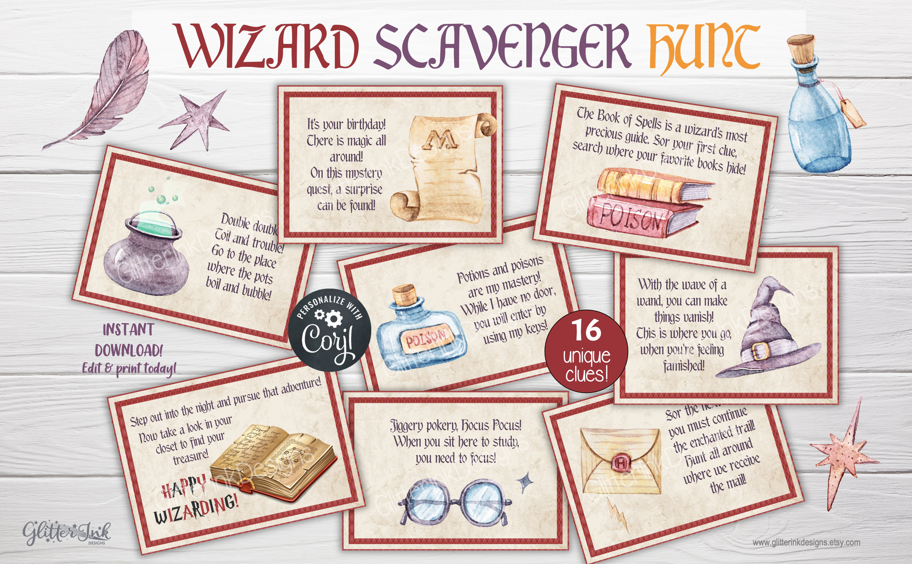 Wizard Scavenger Hunt Clue Cards for Magical Theme Birthday Parties ...