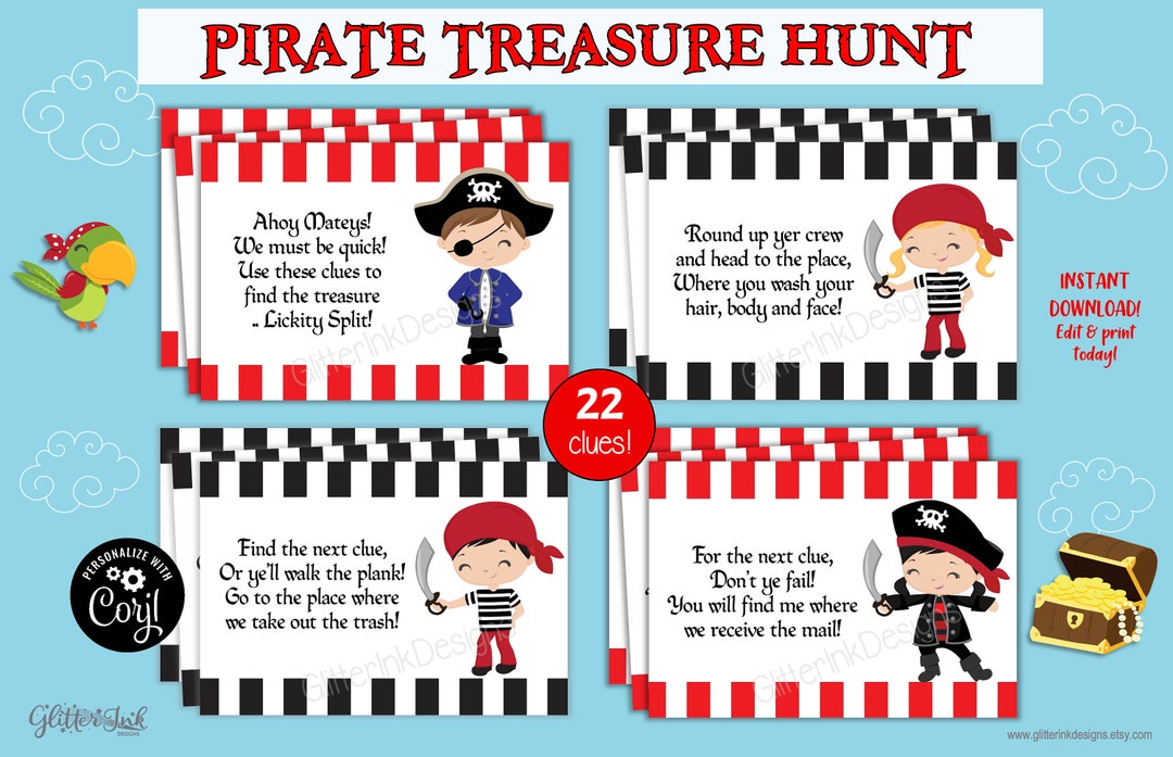 Pirate Party Printable Scavenger Hunt Clue Cards, Treasure Chest ...