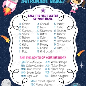 Girl Astronaut Name Game / Printable Outer Space Party Game / Rocket ...