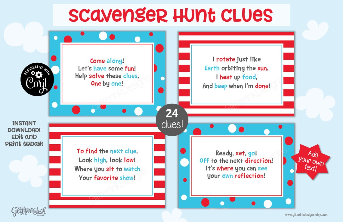Birthday Party Treasure Hunt Clues, Printable Scavenger Hunt Clue Cards ...