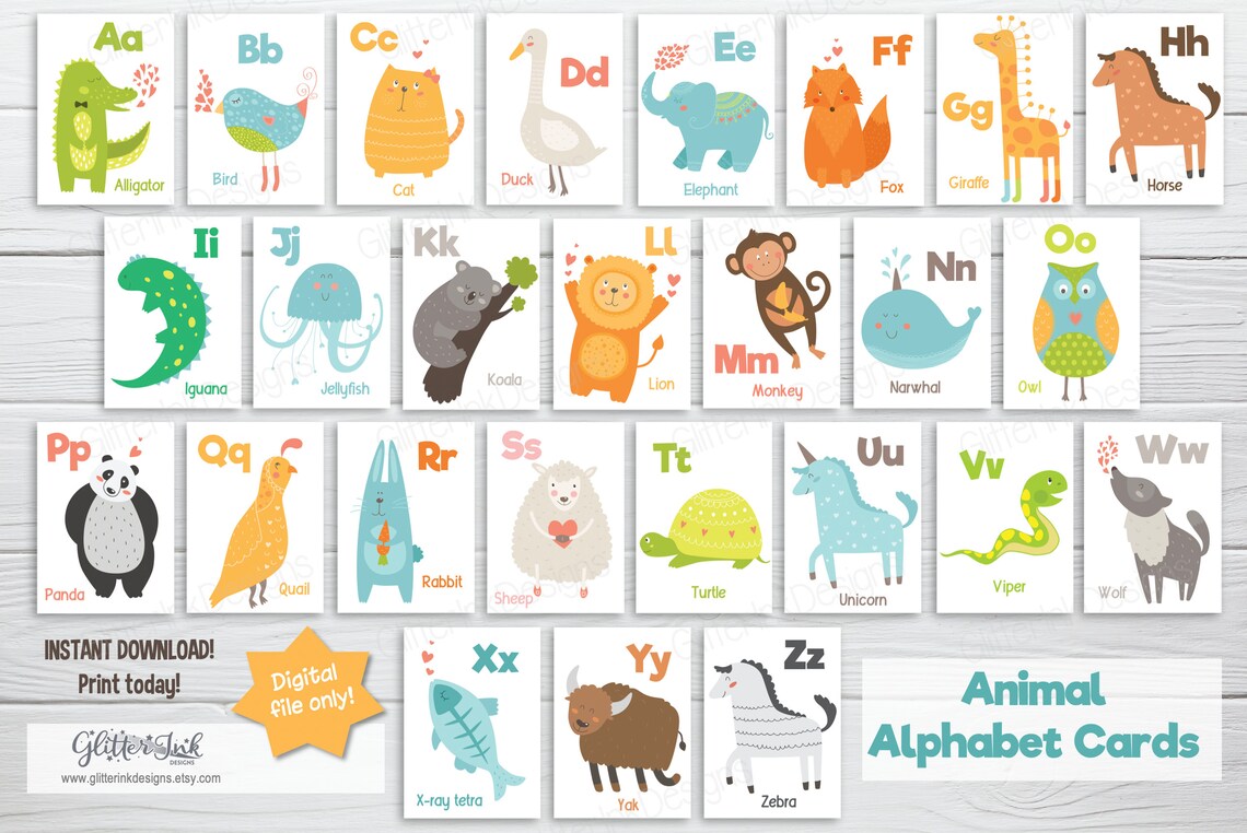 Animal Alphabet Flash Cards / ABC Animal Flash Cards Nursery - Etsy
