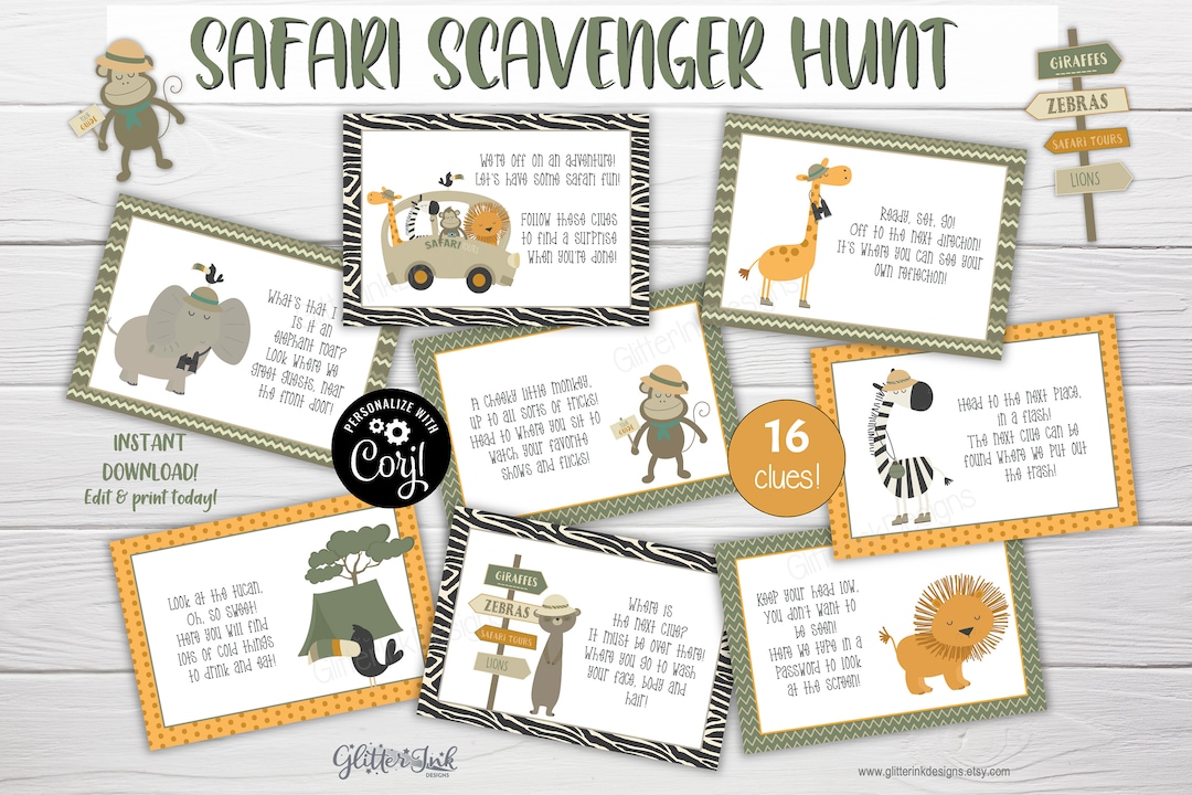 Jungle Safari Printable Scavenger Hunt Clue Cards, Animals First ...
