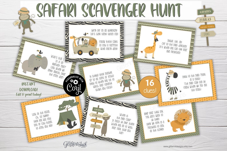 Jungle Safari Printable Scavenger Hunt Clue Cards, Animals First ...