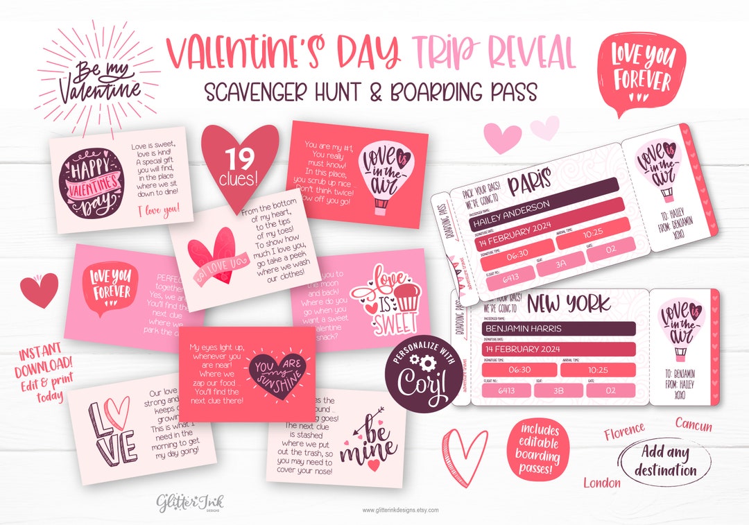 Valentine's Day Surprise Trip Reveal Scavenger Hunt Boarding Pass ...