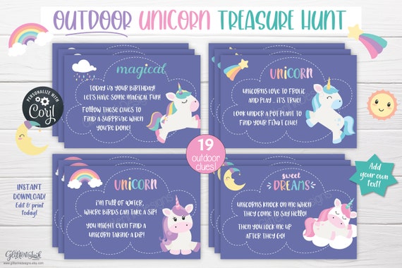 Outdoor unicorn scavenger hunt / Unicorn party kids treasure hunt clues ...