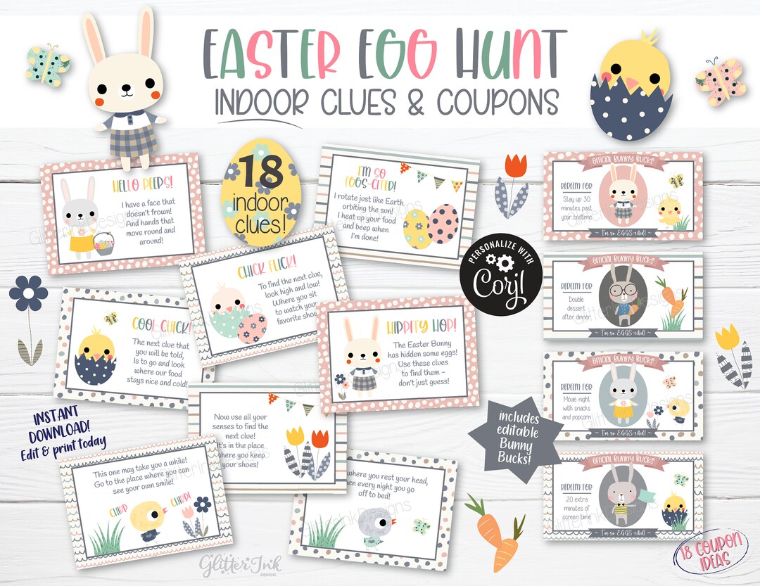 Indoor Easter Egg Hunt With Bunny Bucks Coupons / Easter Scavenger Hunt ...
